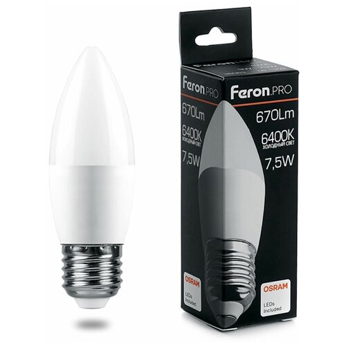 Лампа светодиодная . PRO LB-1307 Свеча E27 7.5W 6400K, FERON 38058 (1 шт.)