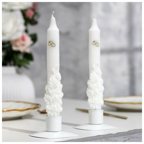 Набор свадебных свечей в коробке "Романтика с кольцами", белый, родительская пара