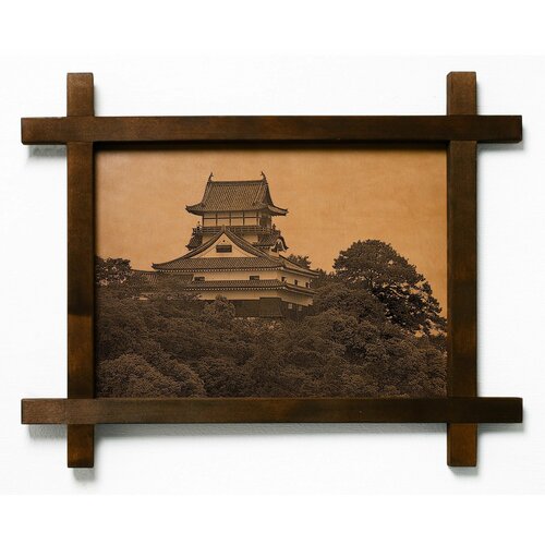 Картина Замок Инуяма, Япония, гравировка на натуральной коже, интерьерная для украшения и декора на стену в деревянной раме, подарок, BoomGift