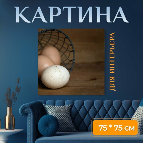 Картина на холсте "Яйца, куриные яйца, корзина" на подрамнике 75х75 см. для интерьера