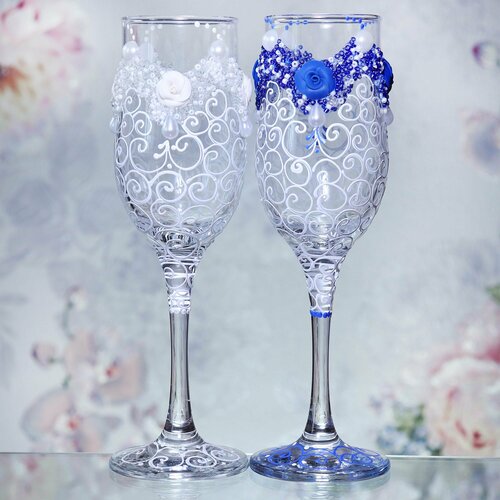 Свадебные бокалы для шампанского "Бело Синий Ажур" Жениху и Невесте