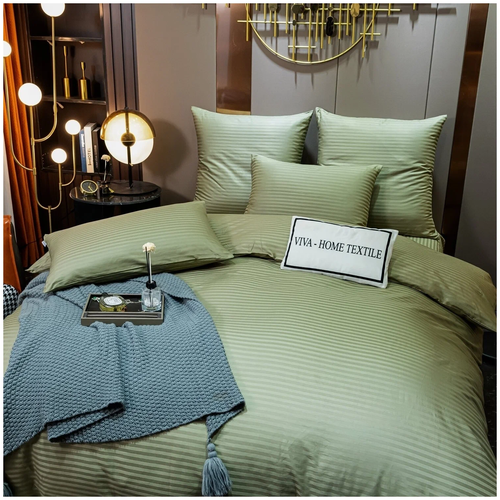 Комплект постельного белья Ситрейд Страйп Сатин на резинке CTR028, евростандарт, хлопок, светло-зеленый