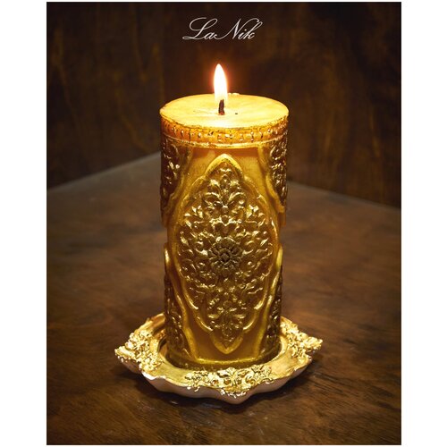 Свеча восковая интерьерная/алтарная/каминная Барокко с подсвечником, коричневое золото