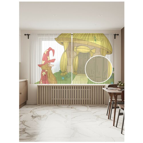 Тюль, фототюль короткий JoyArty "соломенный домик" высота 180 см, ширина 145 см (2 полотна) на шторной ленте, крючки в комплекте