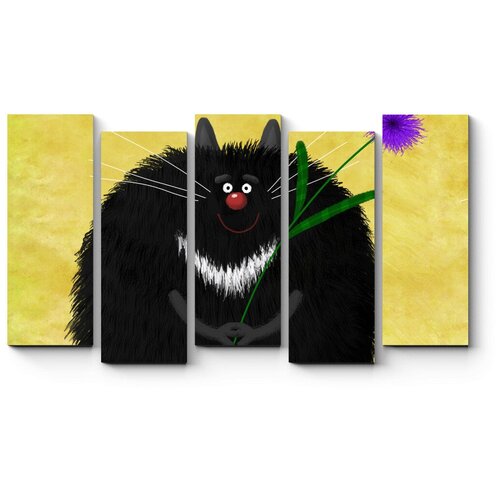 Модульная картина Милый черный кот с фиолетовой астрой 160x92