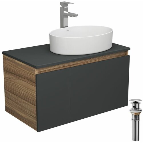 Комплект для ванной, 4 предмета (тумба Bau 80, графит + раковина BAU Nimb 50х36 + смеситель Hotel Still, выпуск клик-клак, хром)