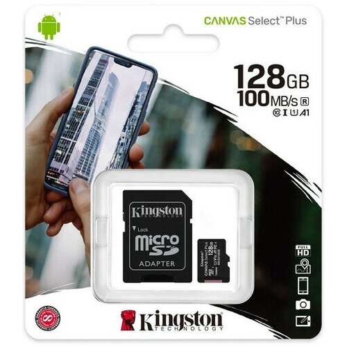 Карта памяти microSDXC Kingston Canvas Select Plus SDCX10 128 GB, чтение: 100 MB/s, адаптер на SD, 1 шт.