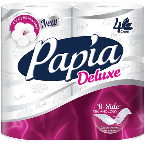 Бумага туалетная Papia "Deluxe", 4-слойная, 4шт, тиснение, белая