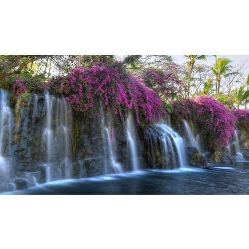 Картина на холсте 60x110 Альянс Лес "Тропики водопад цветы пальма поток" на подрамнике / интерьер/ декор