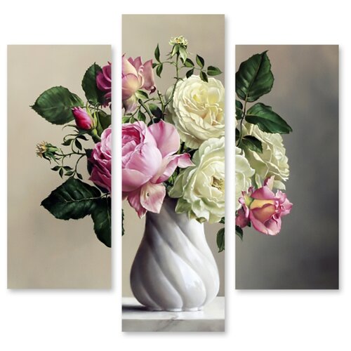 Модульная картина на холсте "Пионы с розами" 90x86 см