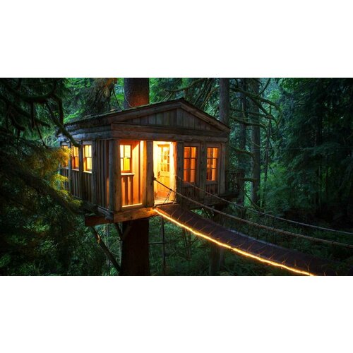 Картина на холсте 60x110 Альянс Лес "Дом мост лес свет" на подрамнике / интерьер/ декор