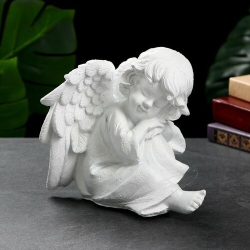 Фигура "Ангелок с крыльями сидит" белый, 17х20х25см