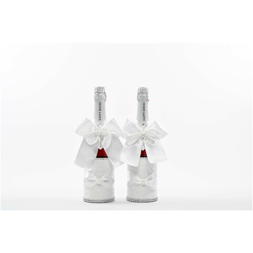Свадебный набор для украшения бутылок шампанского "Дуэт" белоснежного цвета / Украшение для бутылок на свадьбу