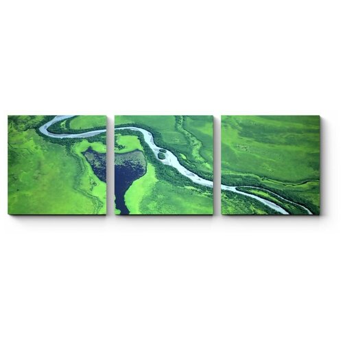 Модульная картина Зеленые поля и река с высоты птичьего полета 190x63