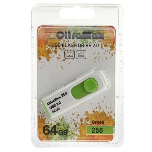 Флешка OltraMax 250, 64 Гб, USB2.0, чт до 15 Мб/с, зап до 8 Мб/с, зелёная