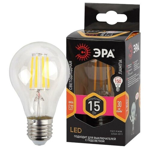 Лампа светодиодная филаментная F-LED A60-15W-827-E27 A60 15Вт груша E27 тепл. бел. | код. Б0046981 | Эра (35шт. в упак.)