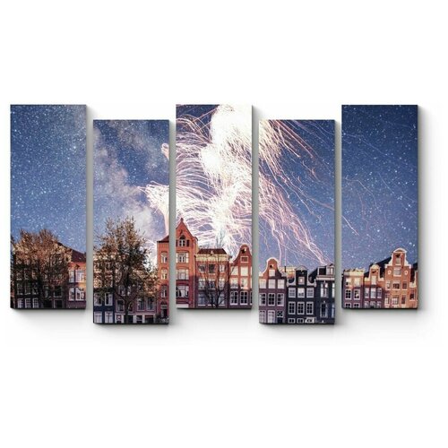 Модульная картина Яркий фейерверк в ночном небе Амстердама 180x104