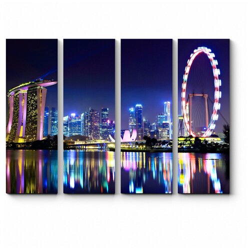 Модульная картина Огни ночного Сингапура в отражении Марина Бэй 100x75