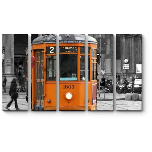 Модульная картина Оранжевый трамвай на сером городском фоне100x60