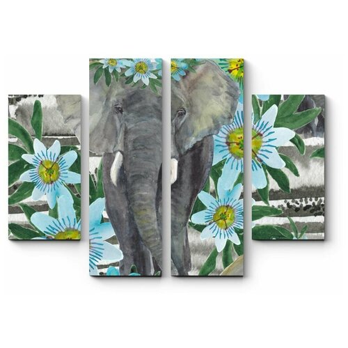 Модульная картина Слон, гуляющий среди цветов90x68