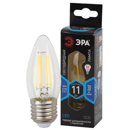 Лампа светодиодная филаментная F-LED B35-11W-840-E27 11Вт B35 свеча 4000К нейтр. бел. E27 | код. Б0046988 | Эра (3шт. в упак.)