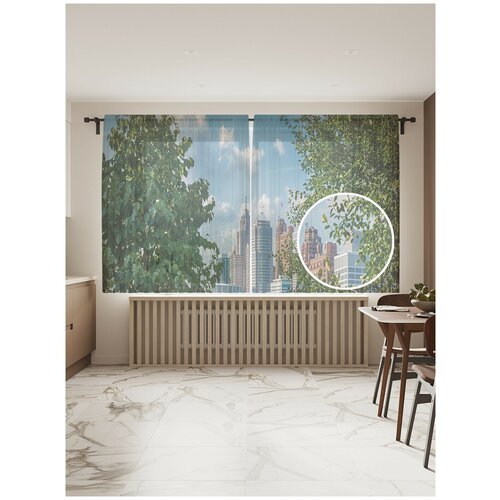 Тюль для кухни и спальни JoyArty "Детройт сквозь деревья", 2 полотна со шторной лентой, 145x180 см.
