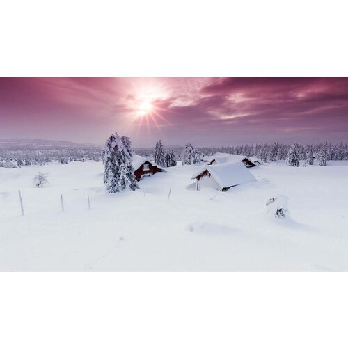Картина на холсте 60x110 LinxOne "Зима небо дома снег" интерьерная для дома / на стену / на кухню / с подрамником