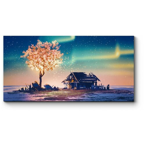 Модульная картина Северное сияние над заброшенным домом, иллюстрация 100x50