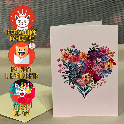 "Полевые цветы", открытка 10x15 складная подарочная без надписей, с конвертом, романтичная валентинка в подарок любимому человеку