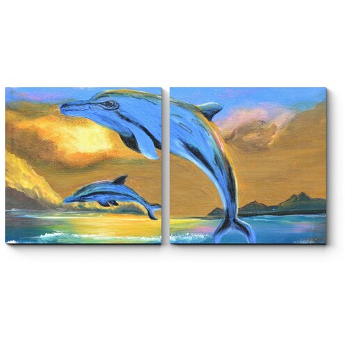 Модульная картина Дельфины на закате, масло 70x35
