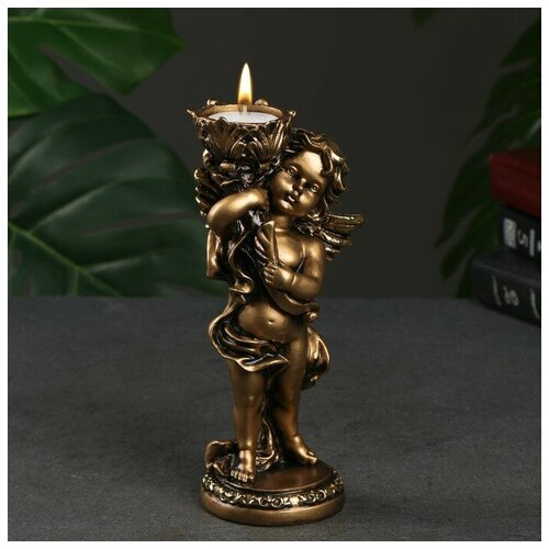 Хорошие сувениры Подсвечник "Ангелочек" в правой руке, золото, 14х8х22 см, для свечи d=4 см