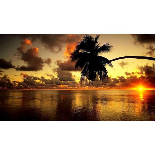 Картина на холсте 60x110 Альянс Лес "Море пальма закат красиво" на подрамнике / интерьер/ декор