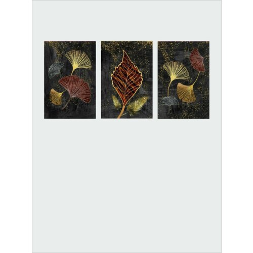 Модульная картина Art IrbisPrint, Золотые листья на черном фоне, 50х75 см - 3 шт, натуральный холст на подрамнике