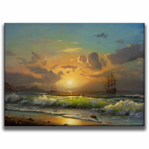 Картина для интерьера на холсте «Морской пейзаж на закате» 30х40, холст натянут на подрамник