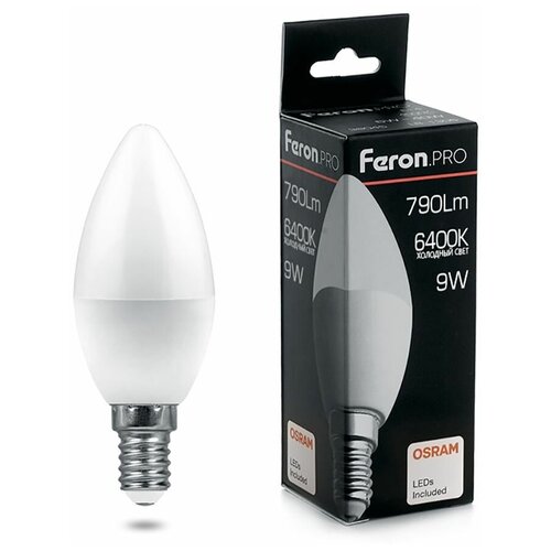 Лампа светодиодная LED 9вт Е14 дневной матовая свеча Feron.PRO OSRAM | код. 38061 | FERON (2шт. в упак.)