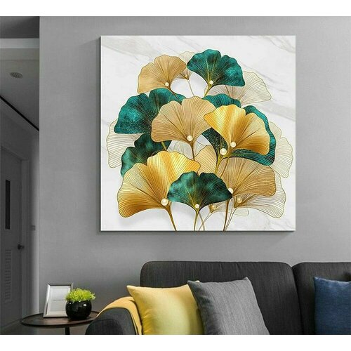 Картина "Золотые и изумрудные листья с жемчугом на мраморе" интерьерная, на натуральном хлопковом холсте 80 на 80