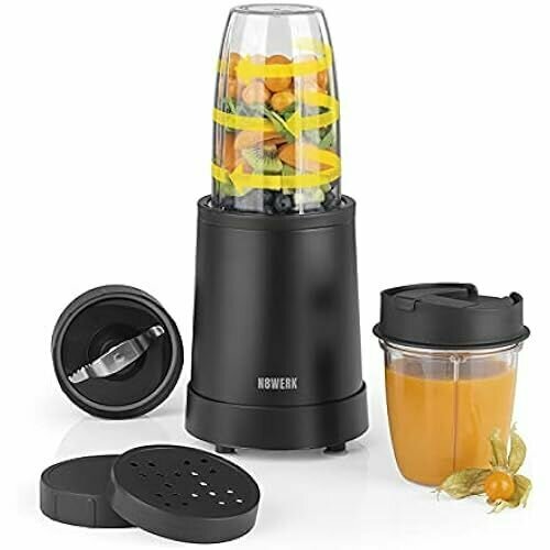 N8WERK Nutrition Блендер Midnight Edition Настольный миксер для смузи и коктейлей, функция измельчения льда, лезвия из нержавеющей стали Контейнер для смешивания емкостью 700 и 350 мл с переносной крышкой, 800 Вт, черный
