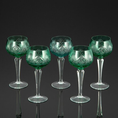 Набор из 5 бокалов (фужеров) зелёного оттенка, хрусталь, нацвет, алмазная грань