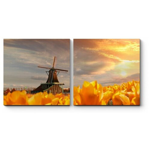 Модульная картина Ветряная мельница и желтые тюльпаны на закате 160x80