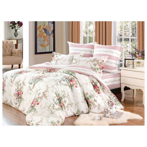 Комплект постельного белья СайлиД B-120, 1.5-спальное, сатин, белый/розовый