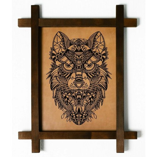 Картина "Волк абстракция", интерьерная для украшения и декора на стену в деревянной раме, подарок, натуральная кожа, BoomGift