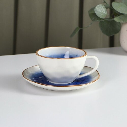 Чайная пара фарфоровая Доляна «Космос», 2 предмета: чашка 250 мл, блюдце d=16 см, цвет синий