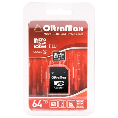 Карта памяти OltraMax microSDXC 64 ГБ Class 10, UHS-I, адаптер на SD