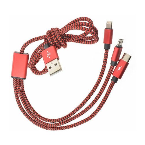Кабель ROBITON P12 Multicord USB - microUSB/USB Type-C/Lightning, 1 м, красный