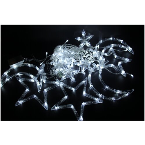 Новогодняя гирлянда светодиодная - Карниз/ бахрома "Три луны и три звезды", 12 LED, белая, 3 м, 8 режимов, с возможностью наращивания