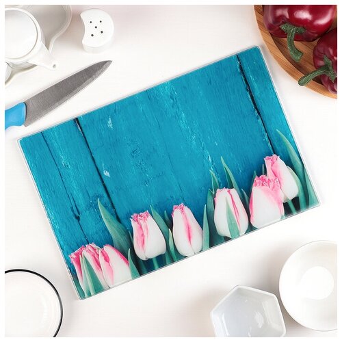 Доска разделочная стеклянная Доляна «Розовые тюльпаны», 30×20 см