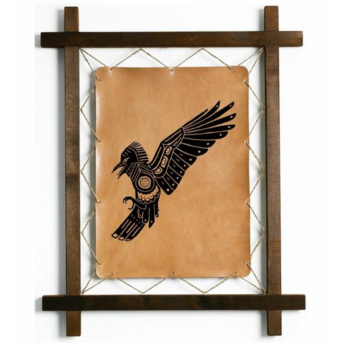 Картина "Птица абстракция", интерьерная для украшения и декора на стену в деревянной раме, подарок, натуральная кожа, BoomGift