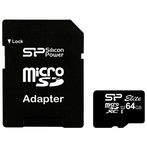 Карта памяти Silicon Power microSDXC 64 ГБ Class 10, UHS Class 1, R/W 85/15 МБ/с, адаптер на SD, 1 шт., черный