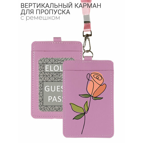 Чехол (бейдж) для пропуска и карт на ленте с принтом "Rose" розовый