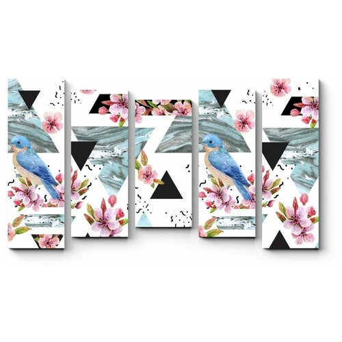 Модульная картина Птицы, цветы и треугольники 100x60